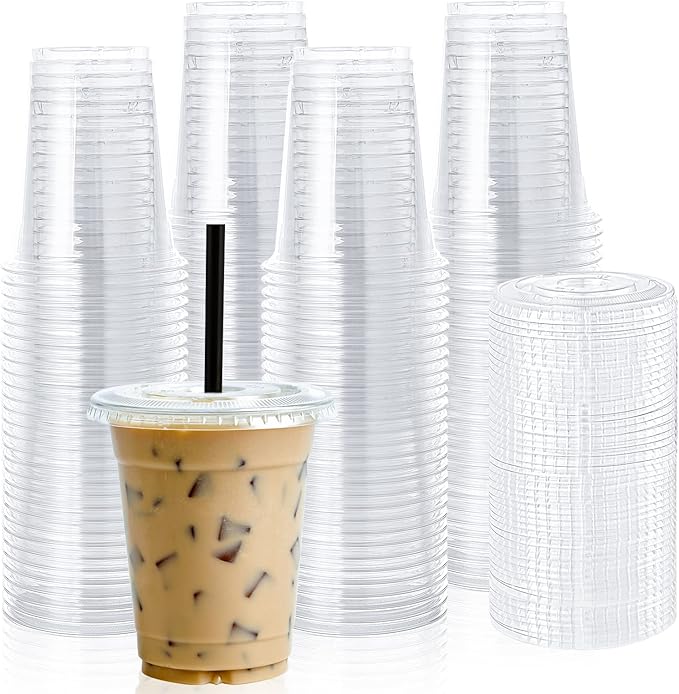 Lilymicky 100 Sets 12 oz Clear Plastic Cups with Flat Lids, 12 oz Disp ...